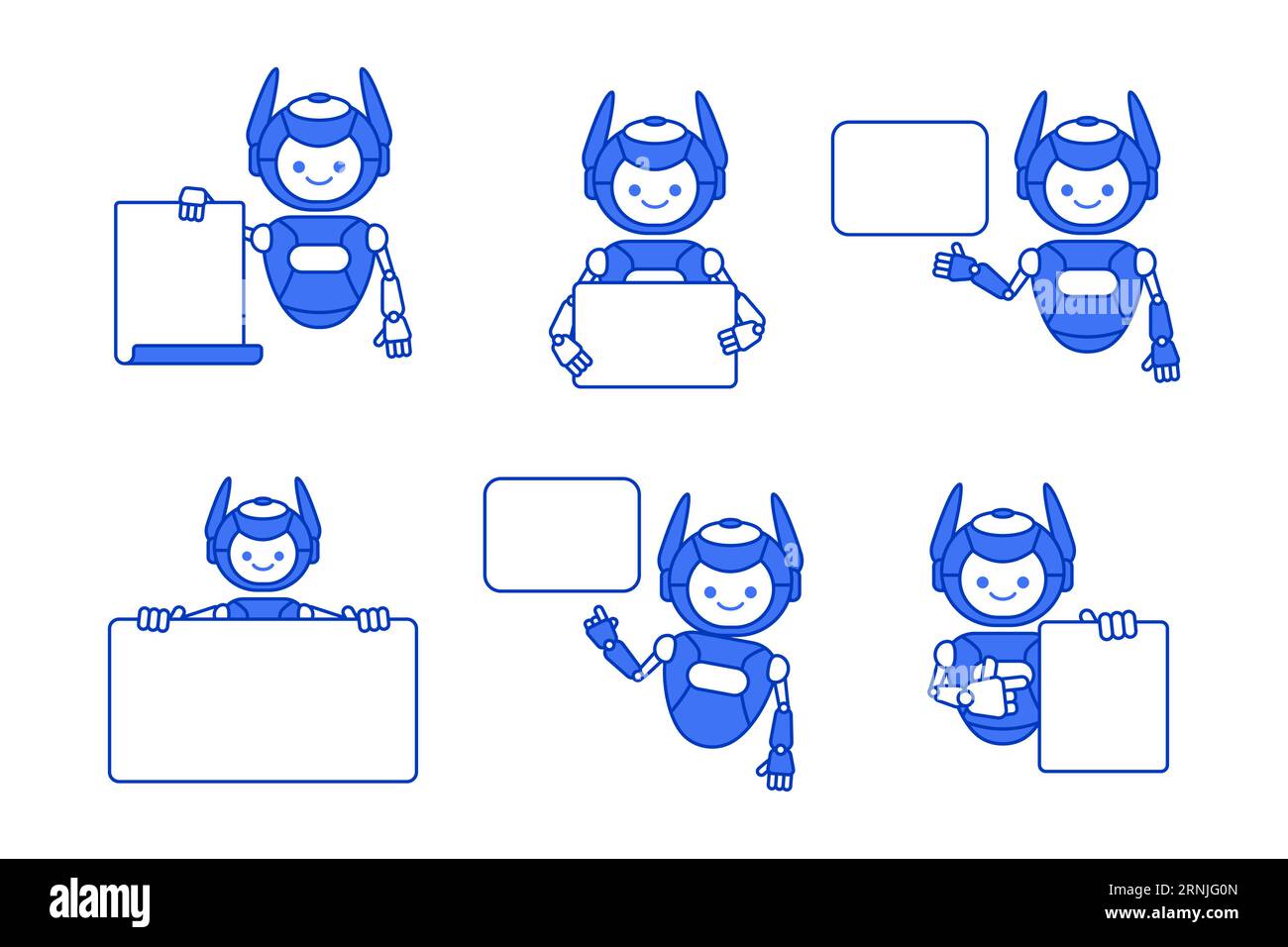 Robot character holding blank poster banner for showing information or ...