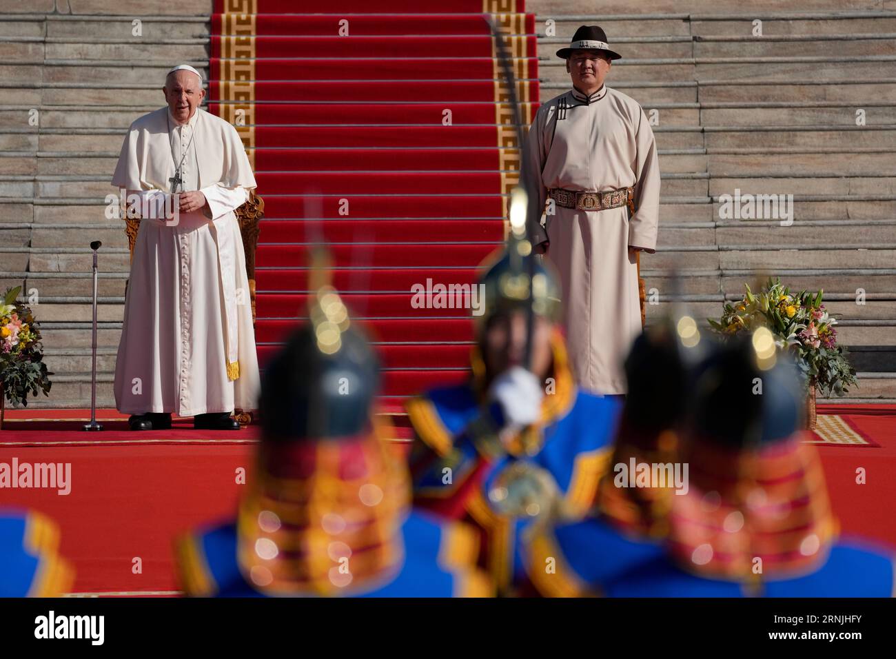 Mongolian President Ukhnaagiin Khurelsukh, right, and Pope Francis meet ...