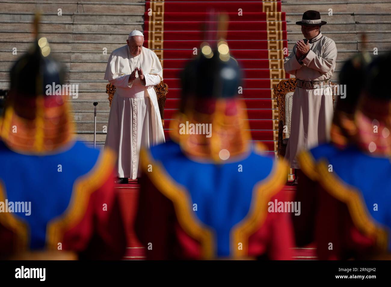Mongolian President Ukhnaagiin Khurelsukh, right, and Pope Francis meet ...