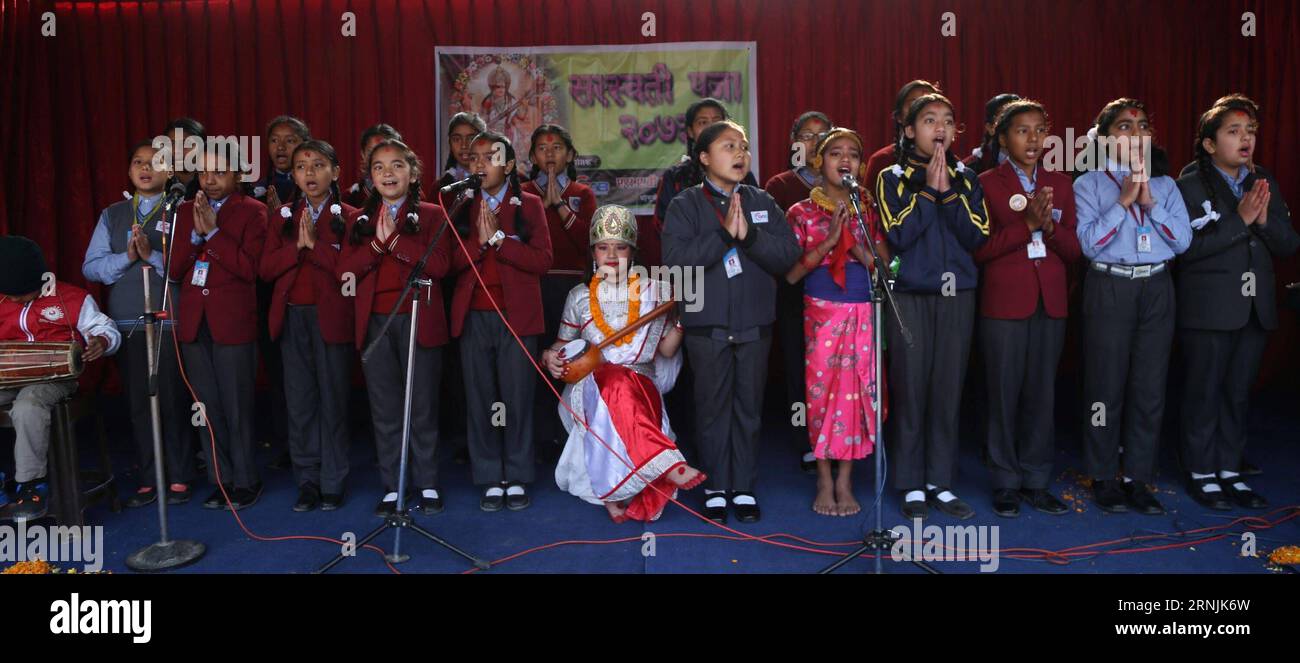 (170201) -- KATHMANDU, Feb. 1, 2017 -- Nepalese children sing religious hymns during ...
