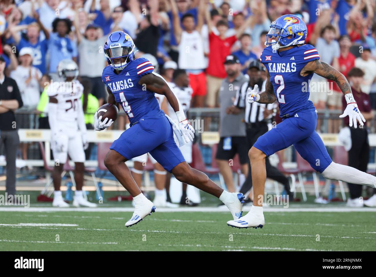 LAWRENCE, KS - SEPTEMBER 01: Kansas Jayhawks running back Devin Neal (4 ...