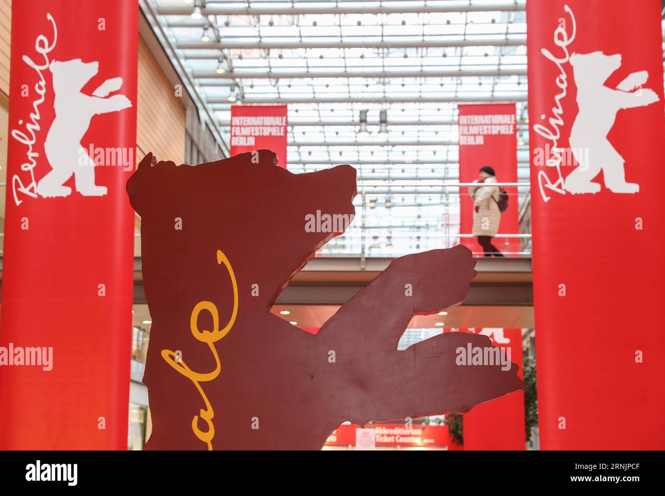Photo taken on Feb. 8, 2017 shows posters and a symbol of the 67th ...