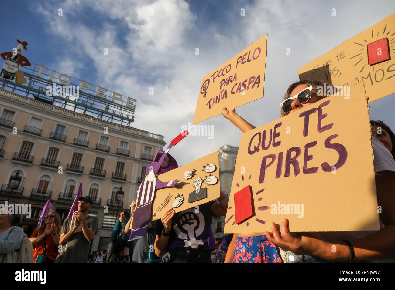 Madrid, Spain. 01st Sep, 2023. Protesters hold placards with feminist ...