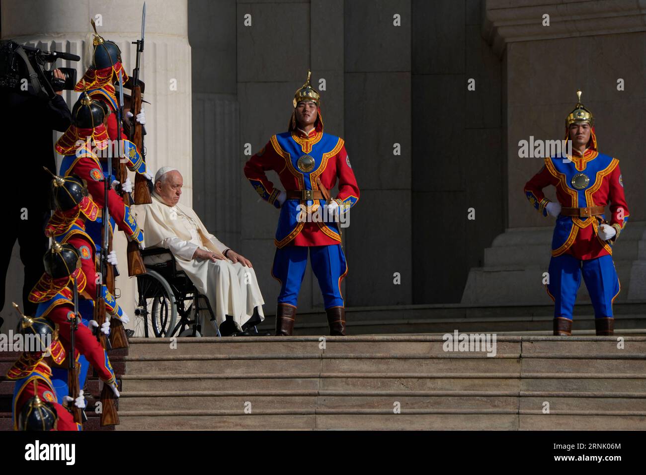 Pope Francis attends a welcome ceremony, Saturday, Sept. 2, 2023, in ...