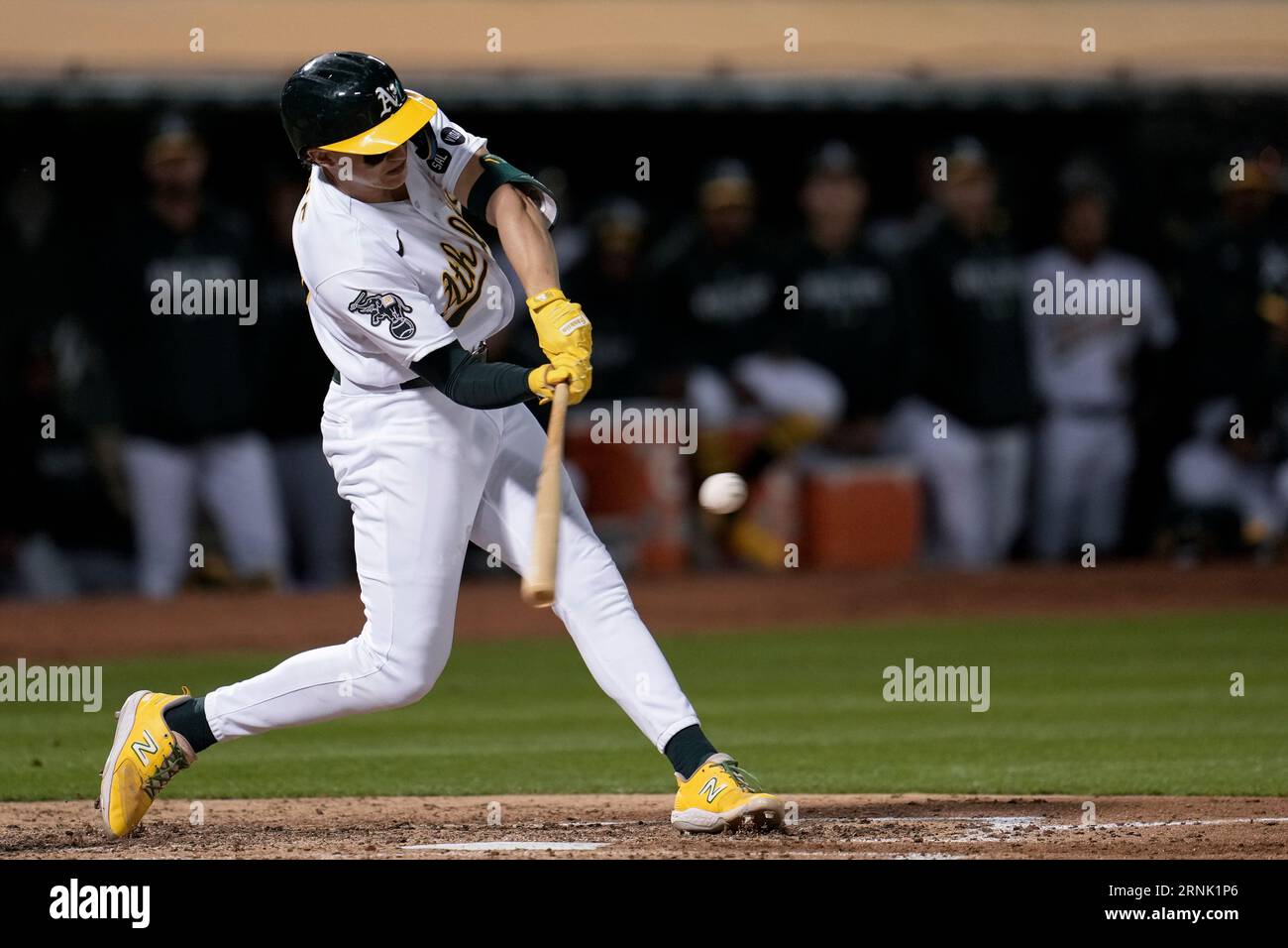 Oakland Athletics' Zack Gelof hits a two-run double against the Los ...