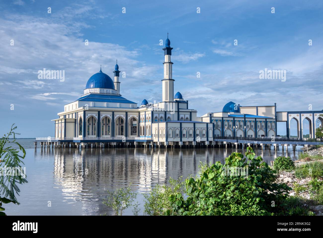 Outdoor scene of the famous architectural floating Tuminah Mosque photographs at Bagan Datok ...
