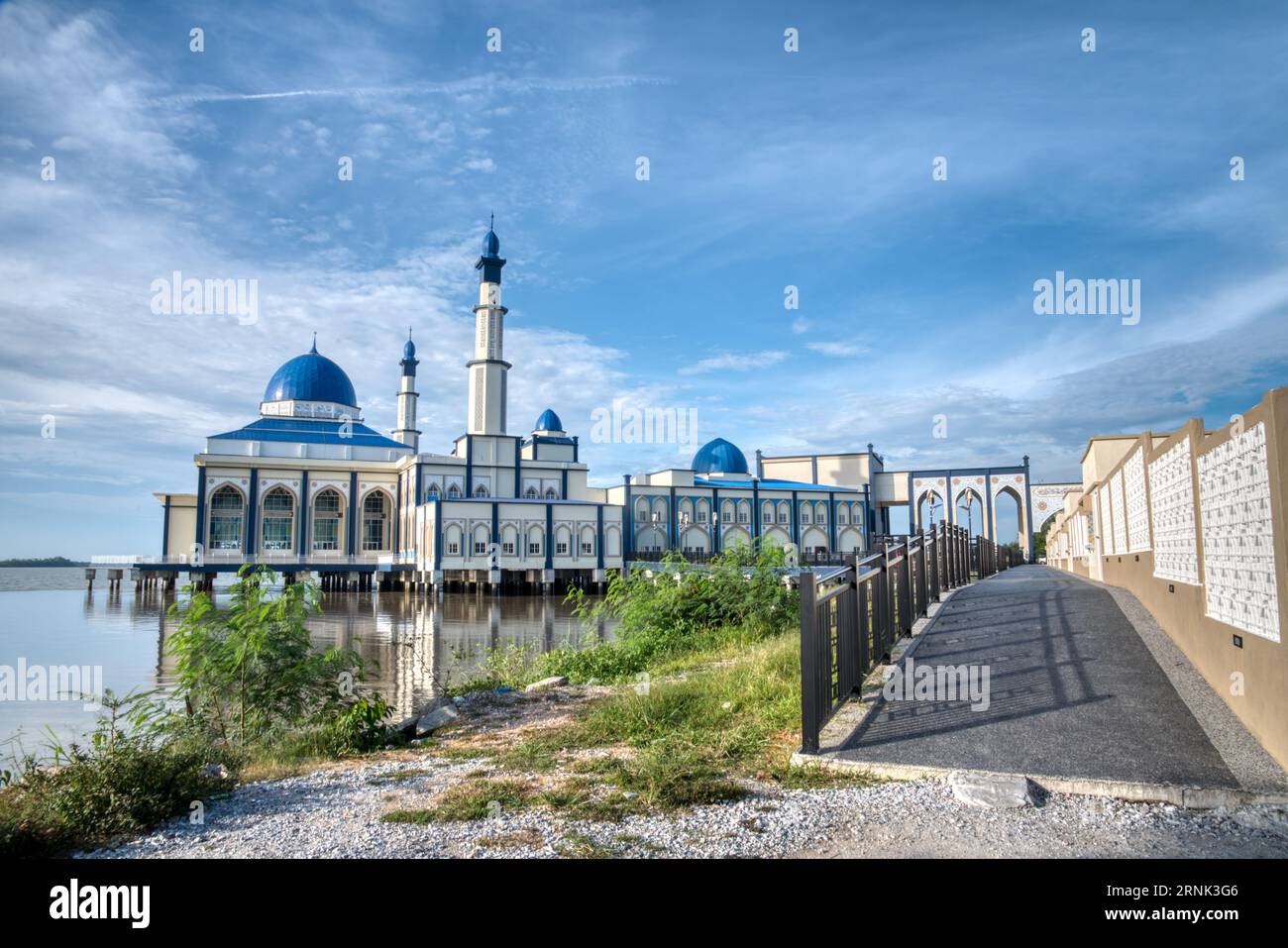 Outdoor scene of the famous architectural floating Tuminah Mosque ...