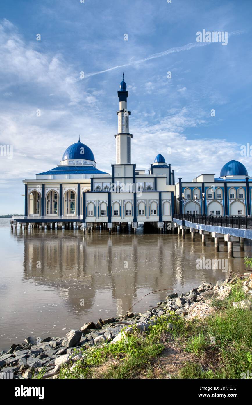 Outdoor scene of the famous architectural floating Tuminah Mosque ...
