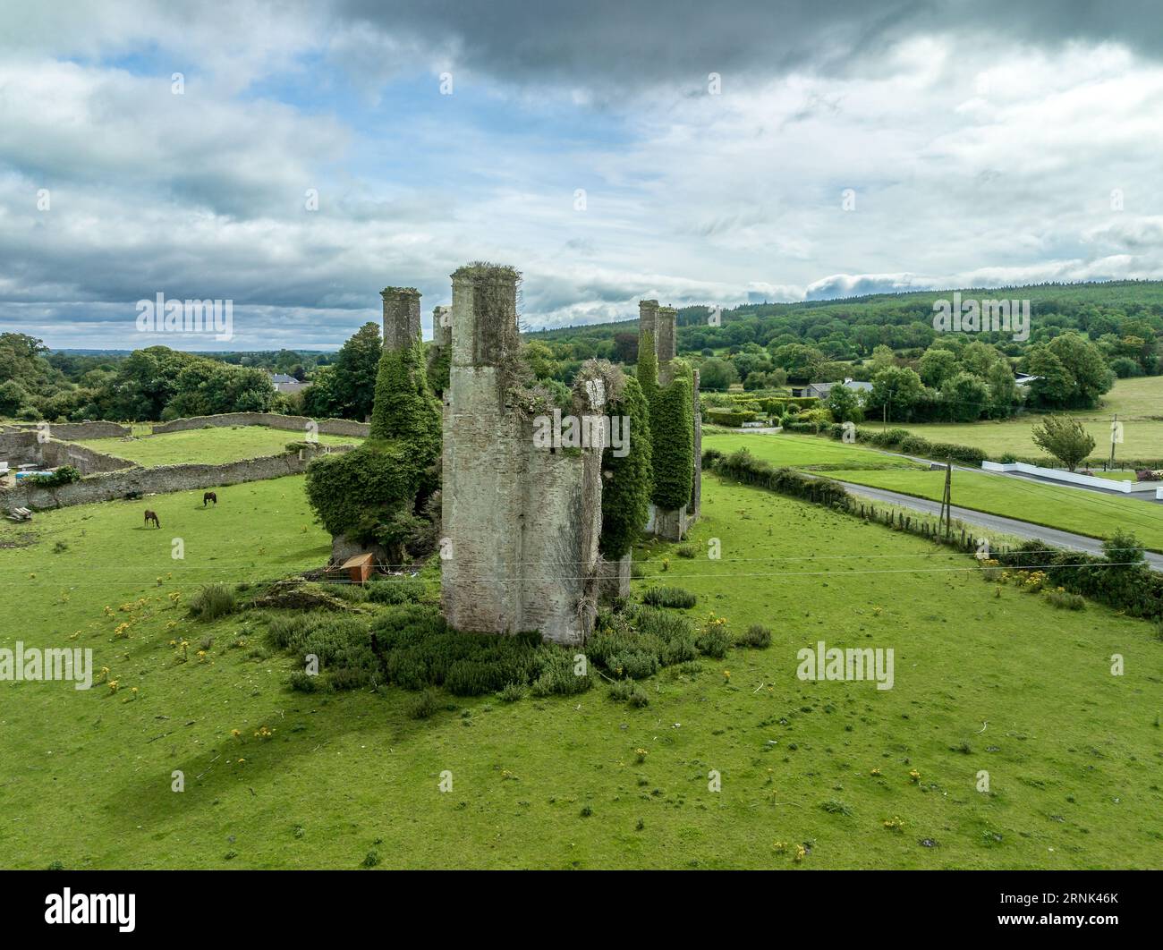 Abandoned ruins of Castlecuffe castle tower house with large chimneys ...