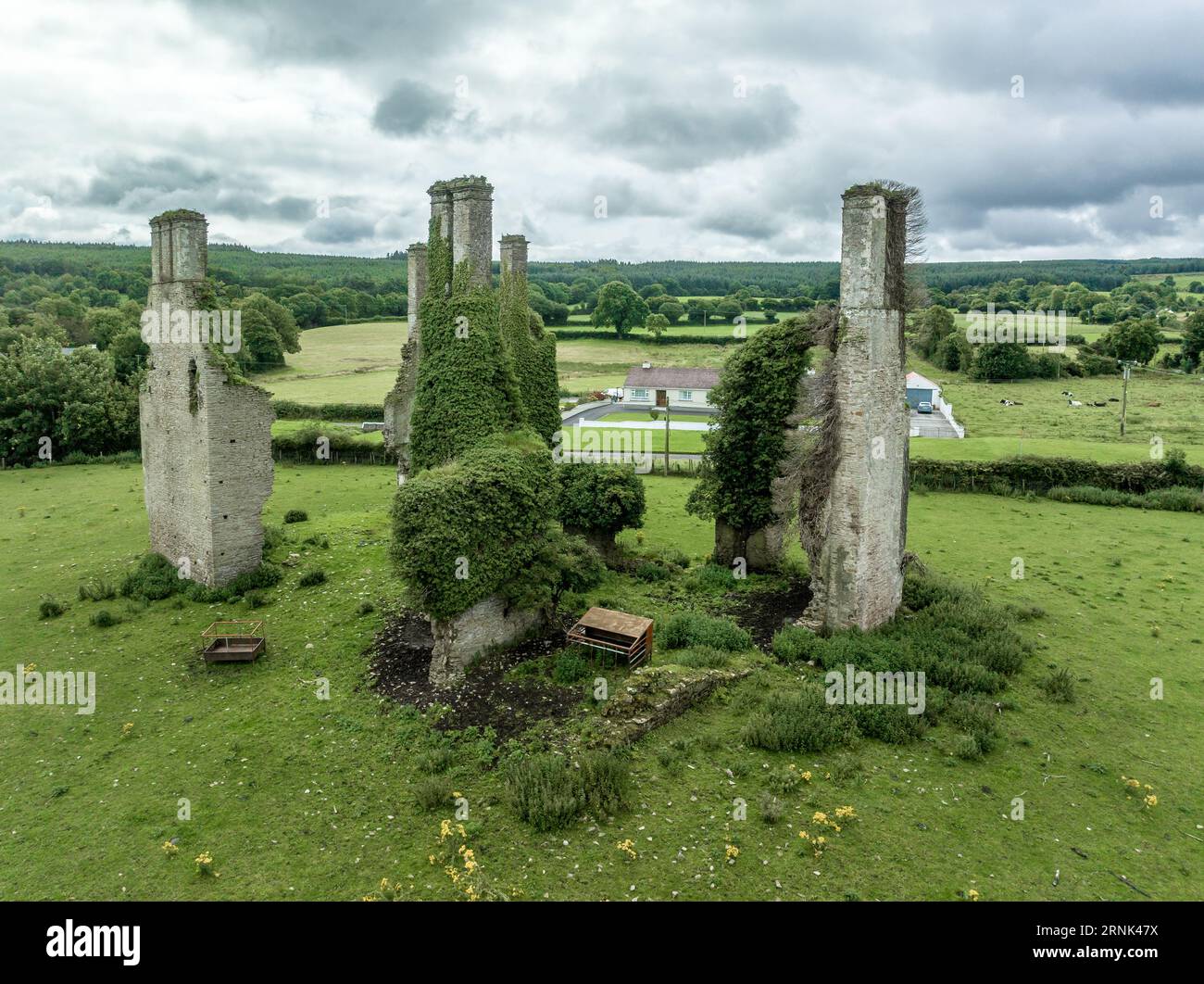 Abandoned ruins of Castlecuffe castle tower house with large chimneys ...