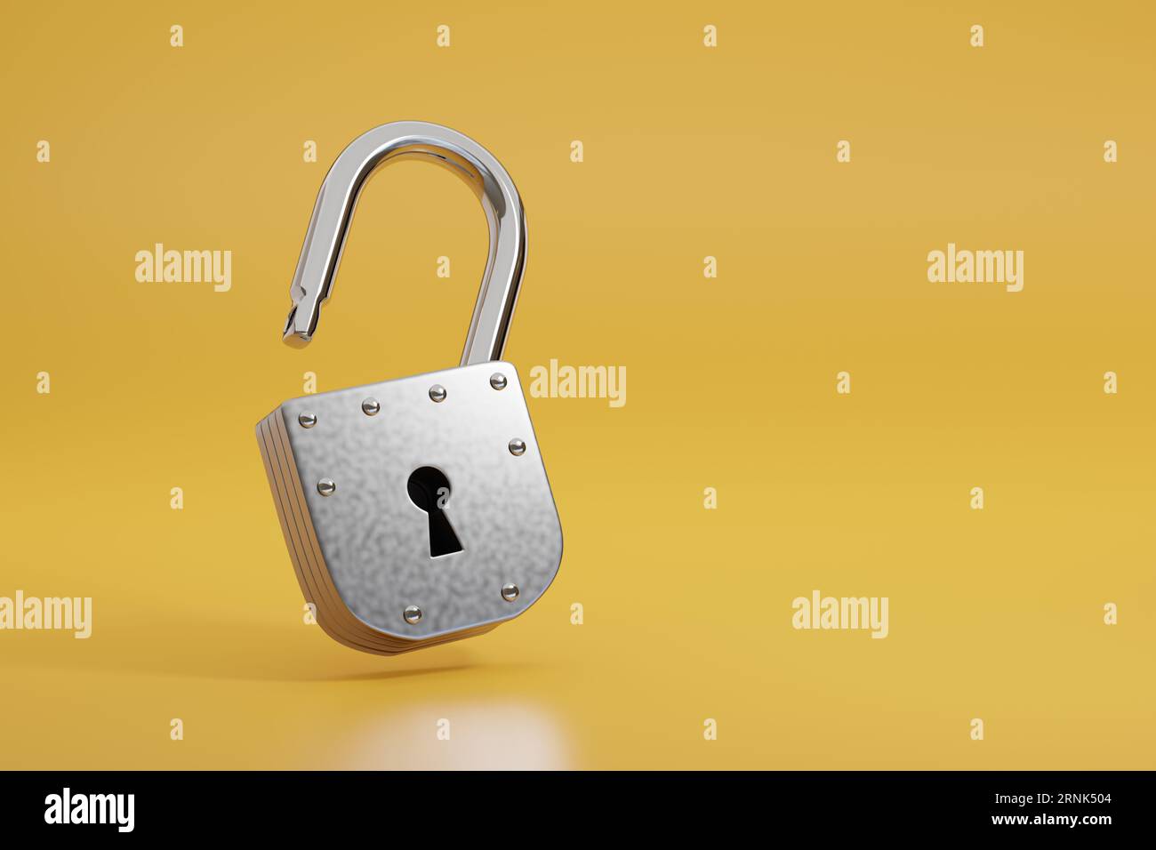 Open padlock isolated on yellow background with copy space. 3d ...