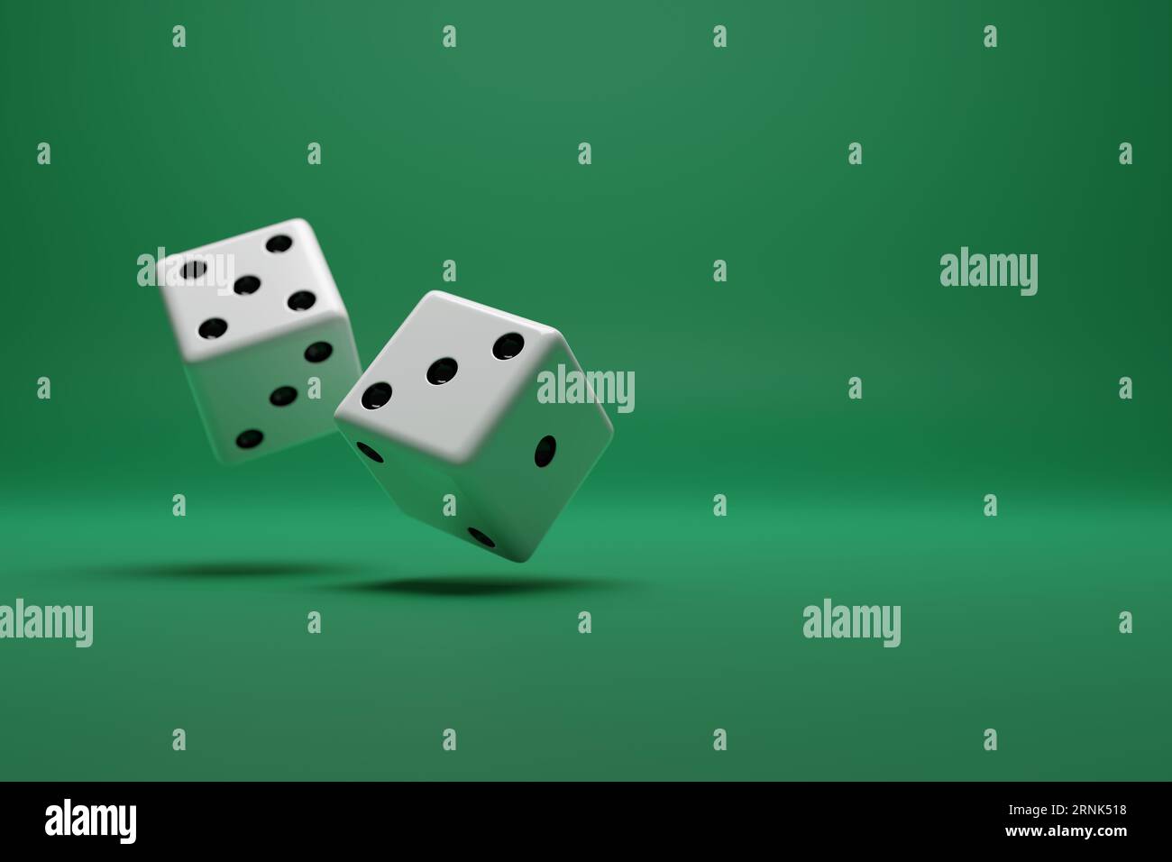 Closeup view of two dice on green background with copy space. 3d ...