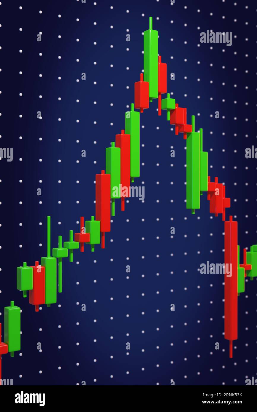 Red and green three-dimensional candlestick chart. 3d illustration ...
