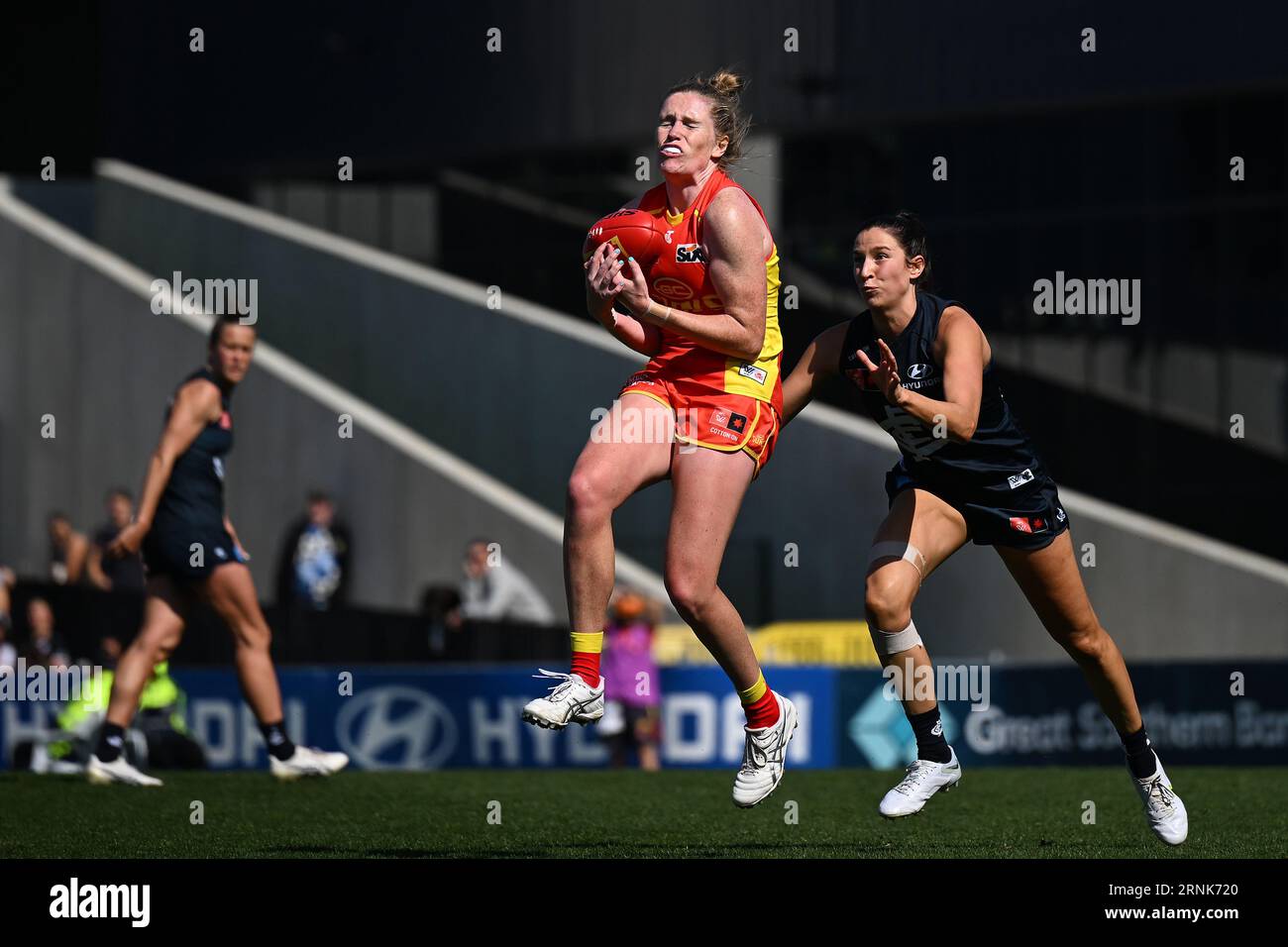 Melbourne, Australia. 02nd Sep, 2023. Tara Bohanna of the Suns marks ...
