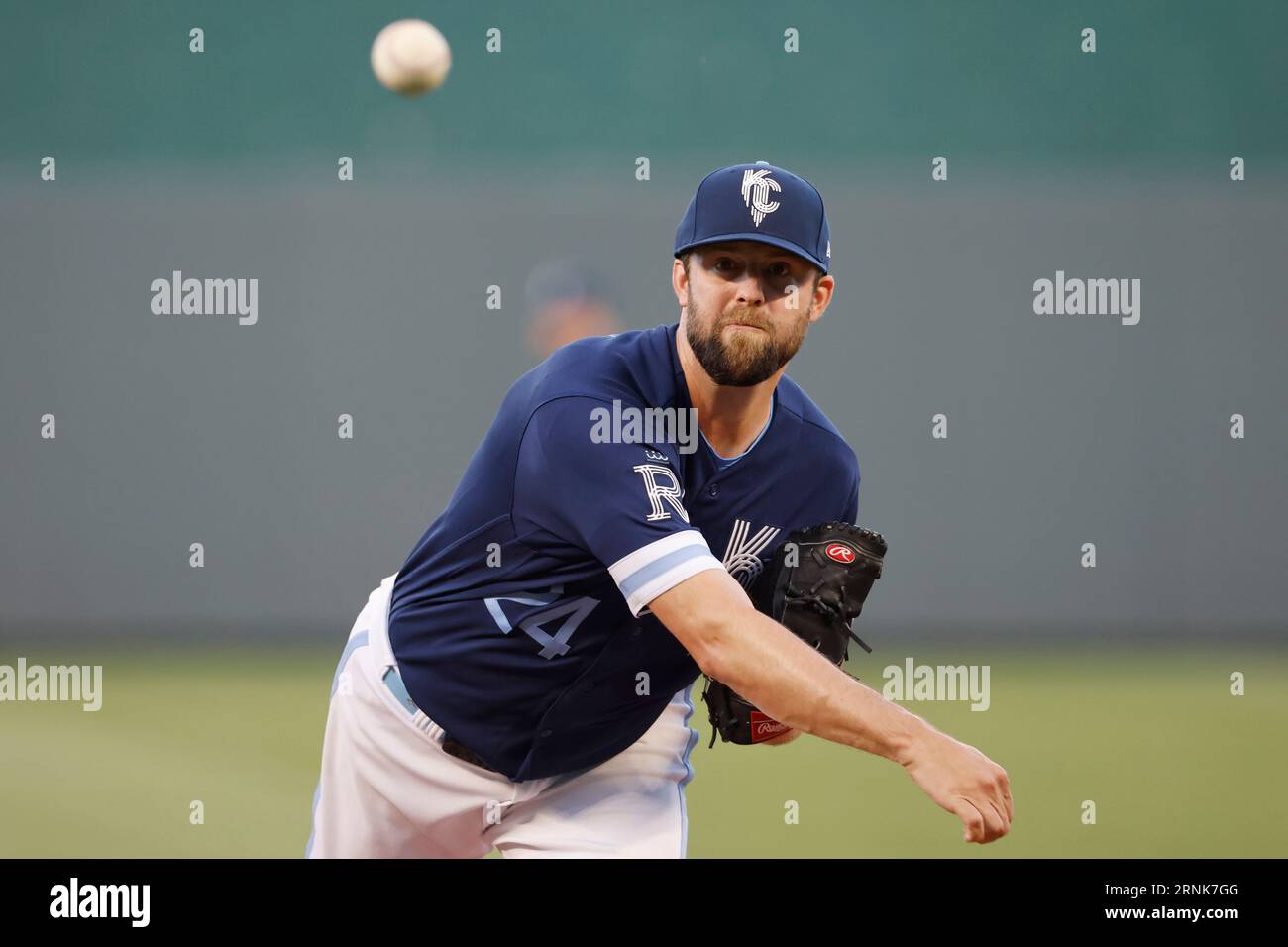 Kansas City Royals pitcher Jordan Lyles throws during the first inning ...