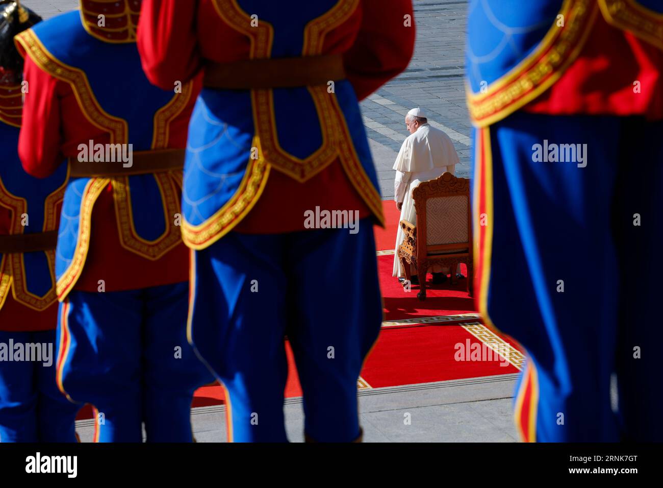 Pope Francis attends a welcome ceremony, Saturday, Sept. 2, 2023, at ...