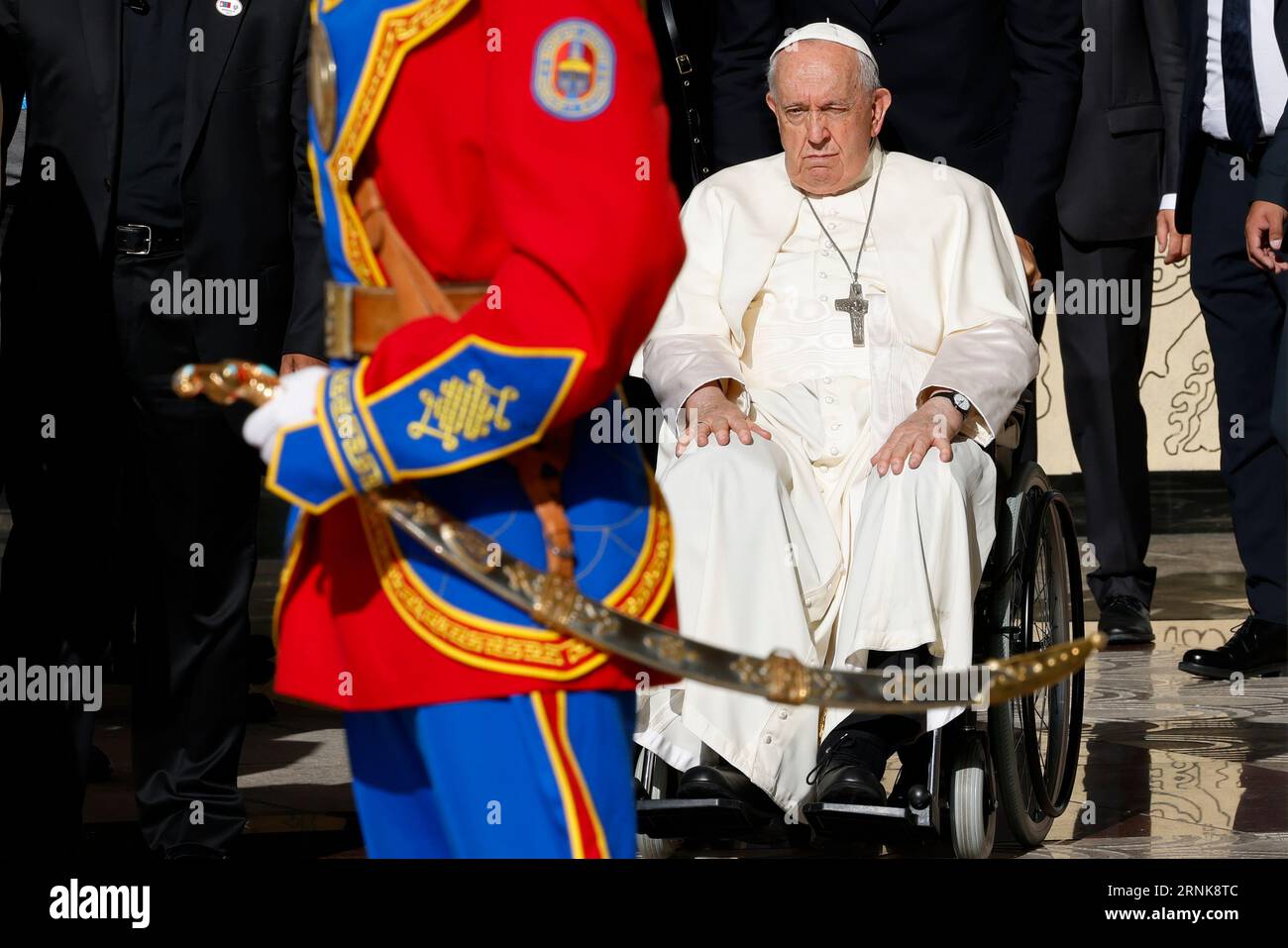 Pope Francis attends a welcome ceremony, Saturday, Sept. 2, 2023, at ...