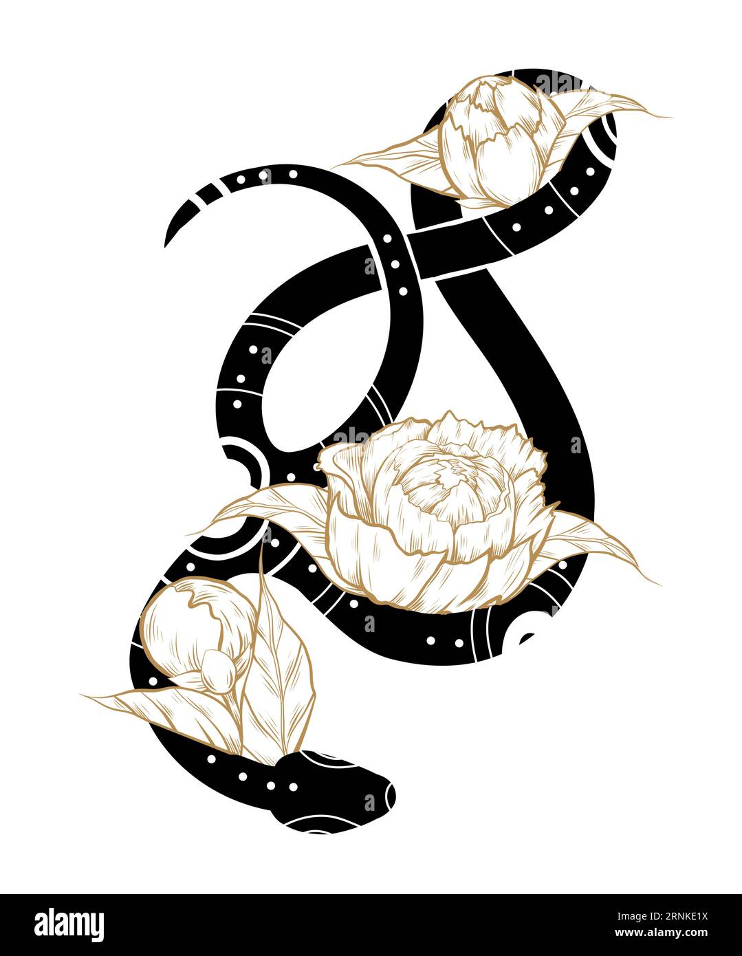 Vector mystical illustration tangled snake with peonies. Clipart black ...