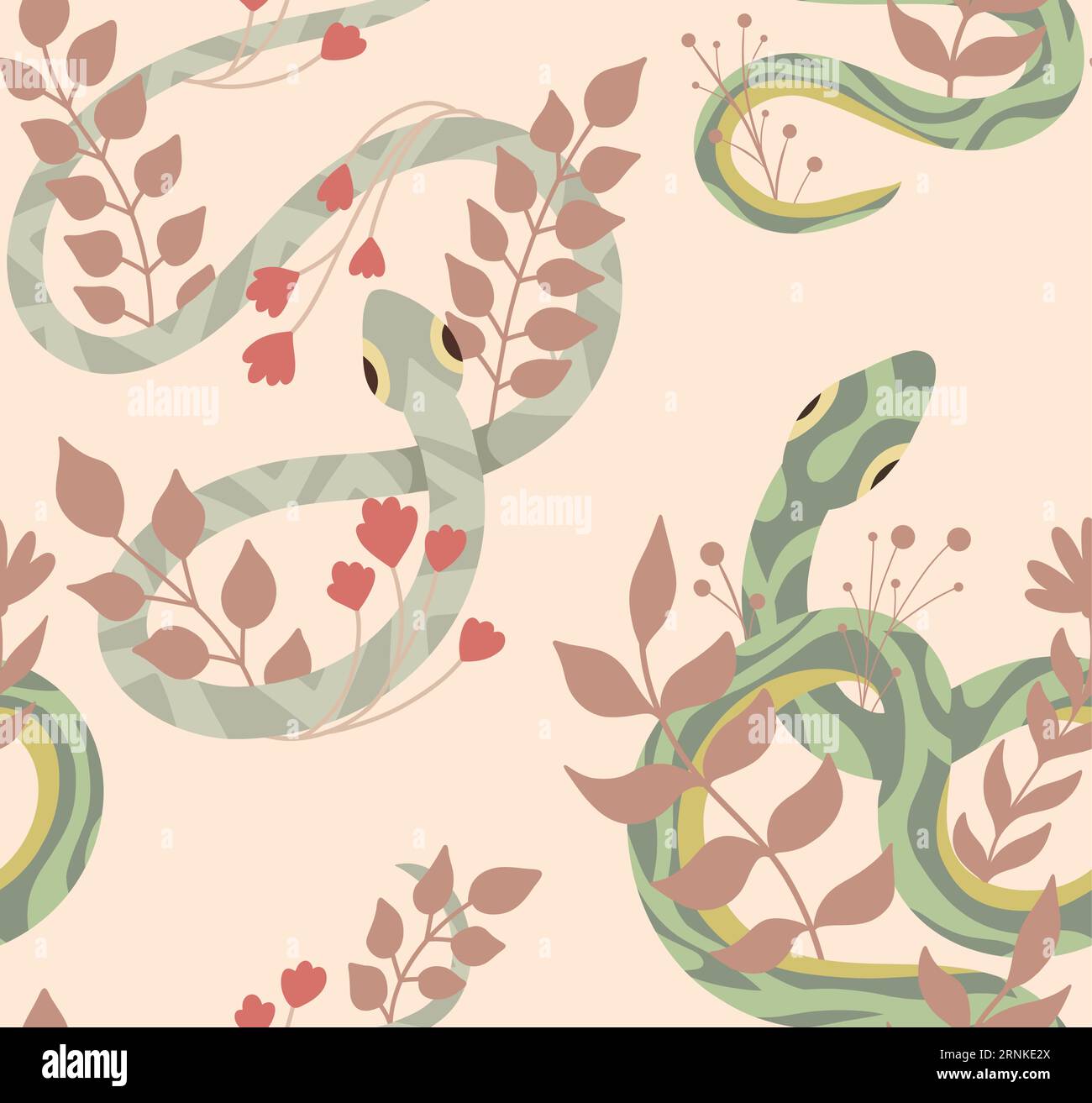 Vector seamless pattern with snakes and herbs. Animalistic texture with ...