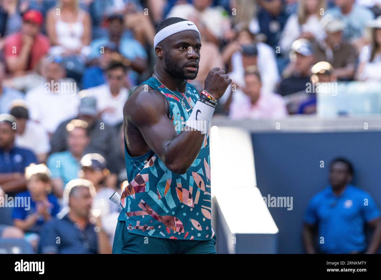 Frances Tiafoe of USA reacts during 3rd round against Adrian Mannarino of France at the US Open ...