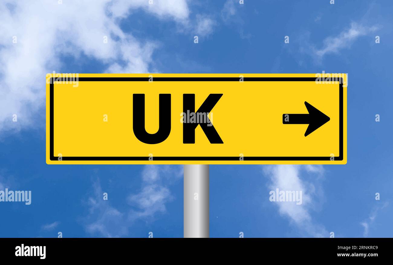 UK road sign on cloudy sky background Stock Photo - Alamy