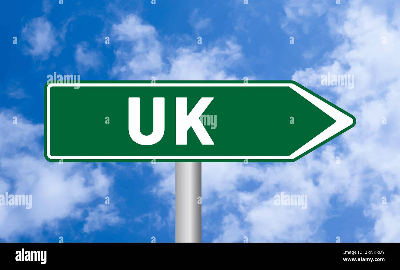 UK road sign on cloudy sky background Stock Photo - Alamy