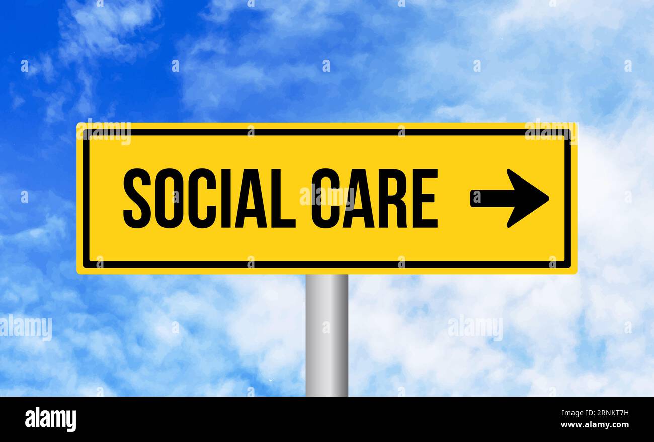 Social care road sign on blue sky background Stock Photo - Alamy