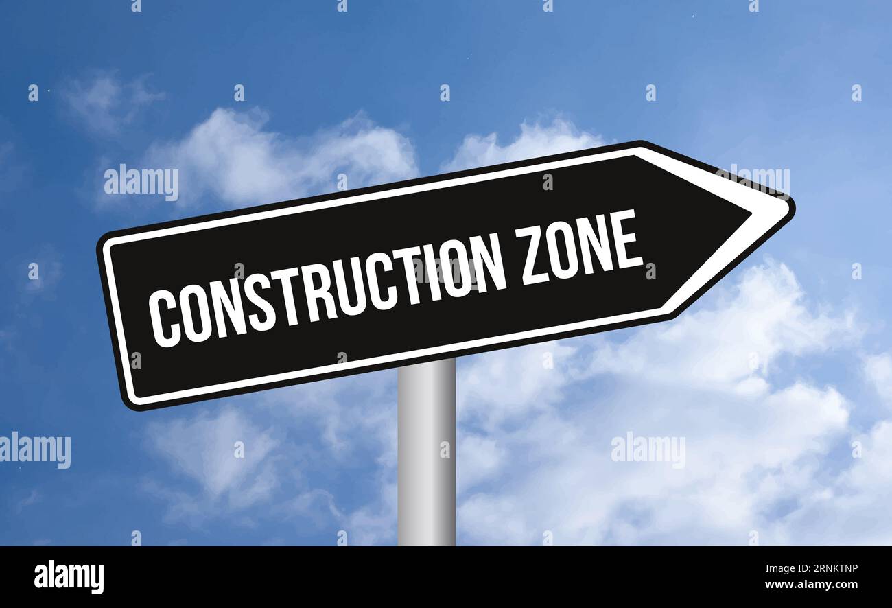 Construction zone road sign on sky background Stock Photo - Alamy