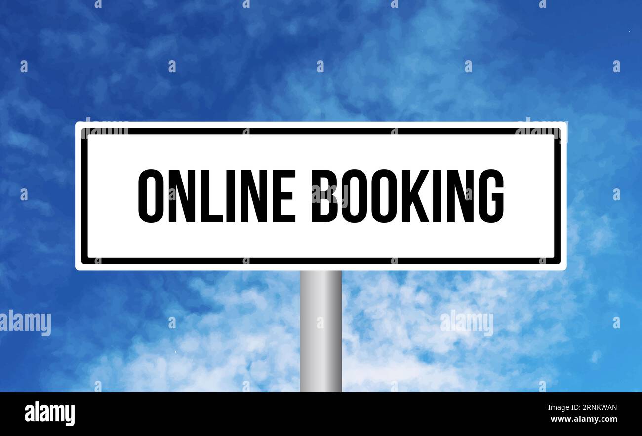 Online booking road sign on blue sky background Stock Photo - Alamy