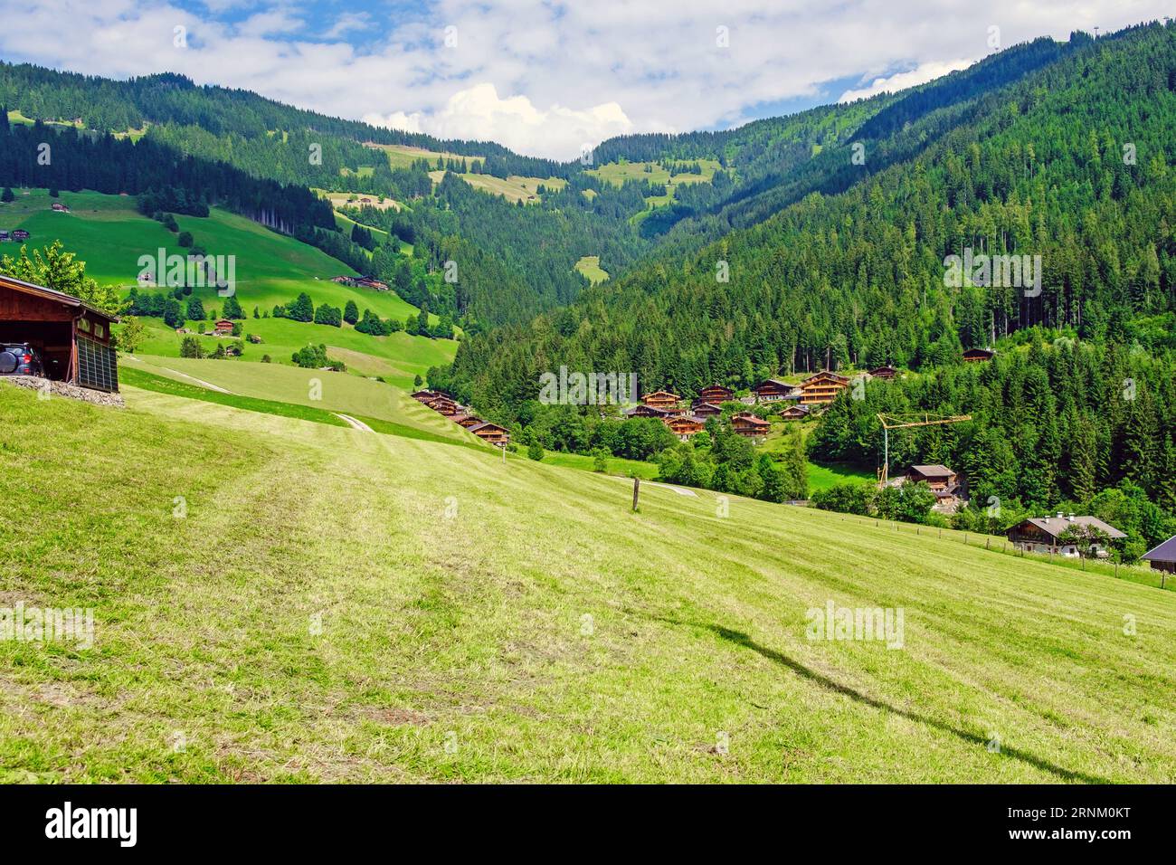 Mountainous landscape, fields & hills of Alpbach, charming Alpine ...