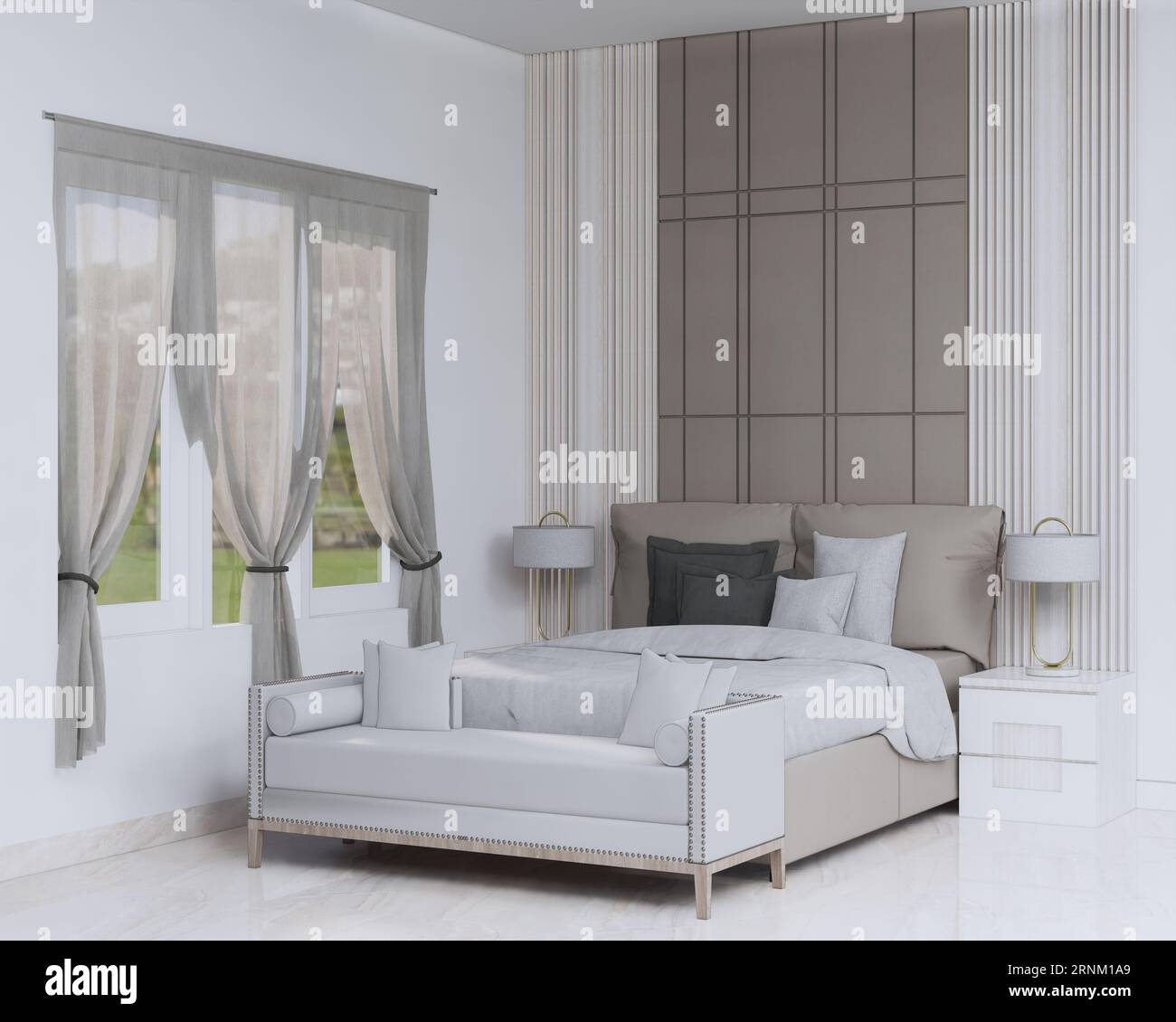 bedroom, wardrobe, marble floor, wall, curtail, daybed, sofa, white ...