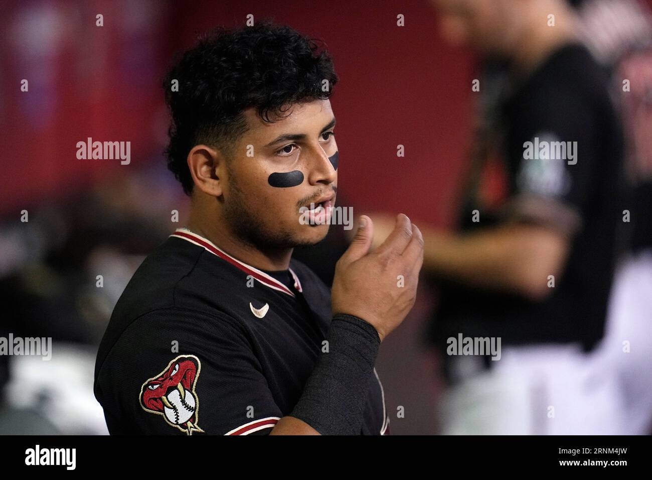 Arizona Diamondbacks catcher Gabriel Moreno pauses in the dugout prior ...