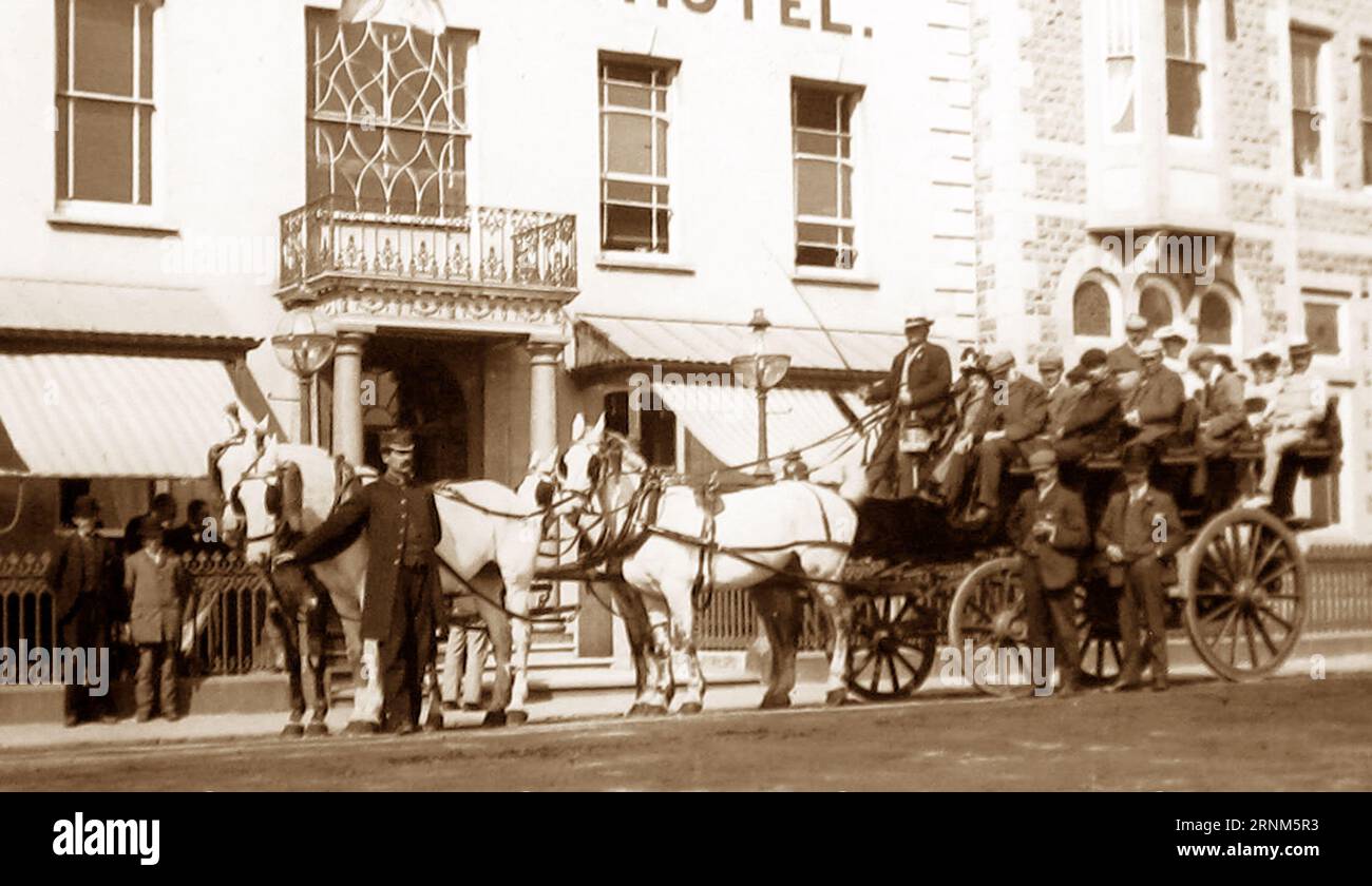 A tourist excursion trip outside the Royal Hotel, Llandudno, Wales ...