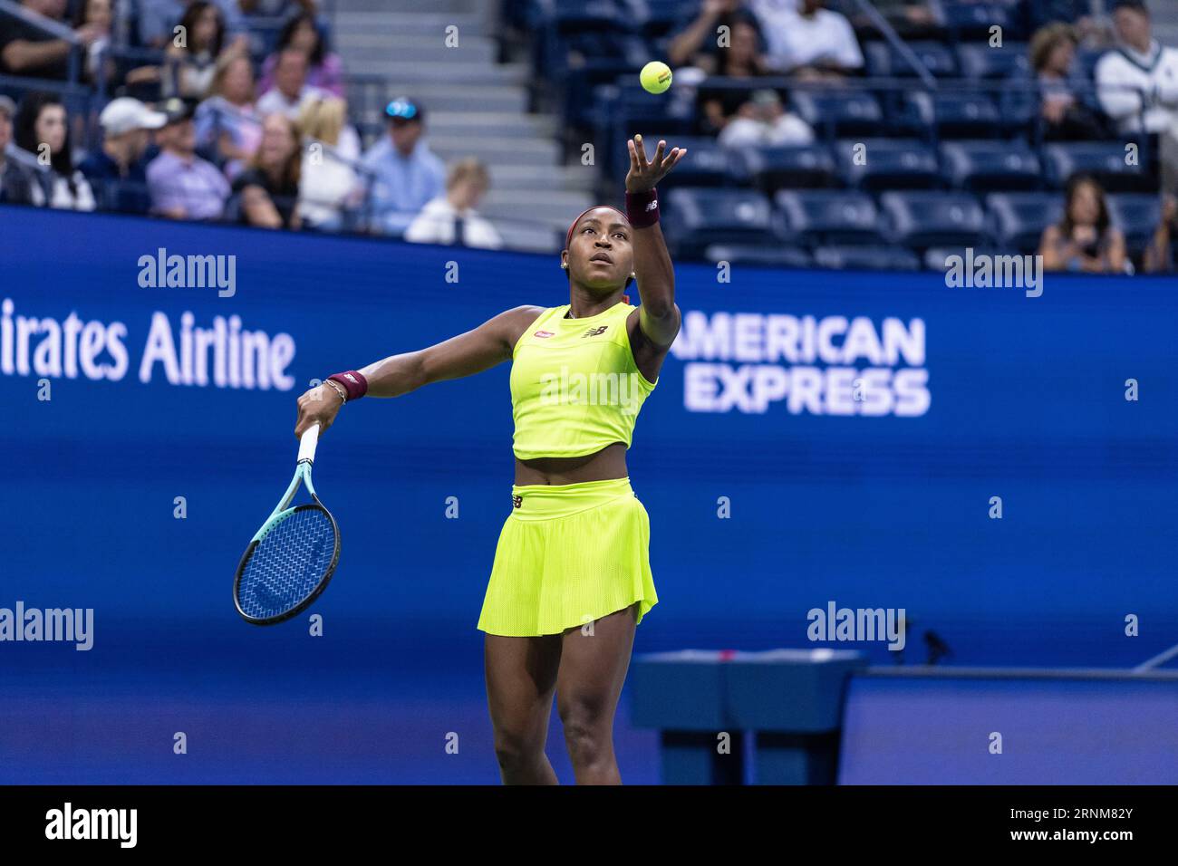 Coco Gauff of USA serves during 3rd round against Elise Mertens of Belgium at the US Open ...