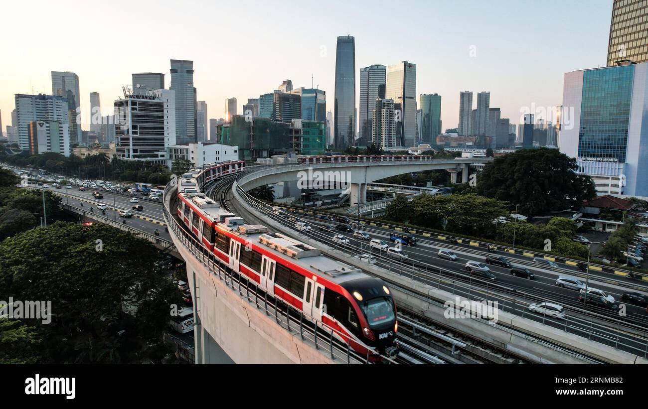 Aerial view of Jakarta LRT train trial run for phase 1 from Pancoran ...
