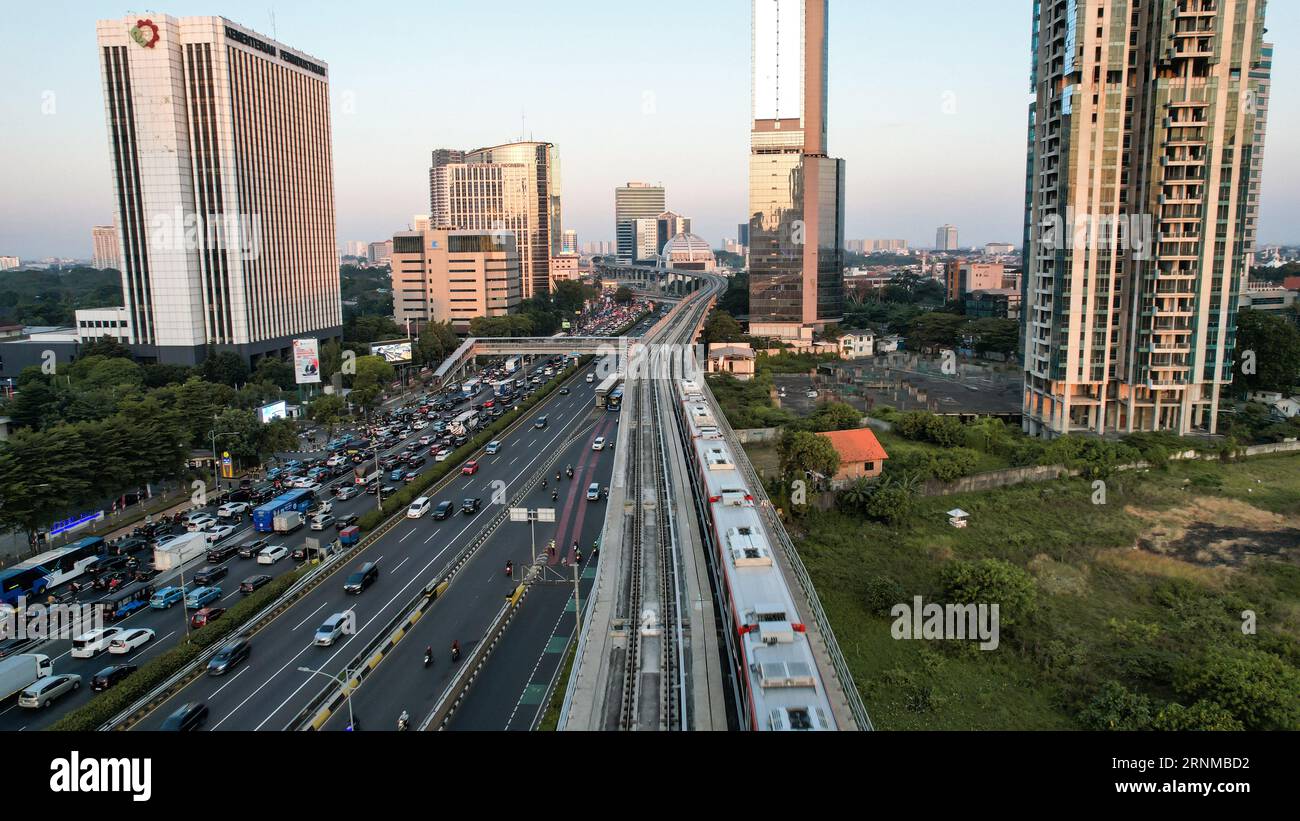 Aerial view of Jakarta LRT train trial run for phase 1 from Pancoran ...