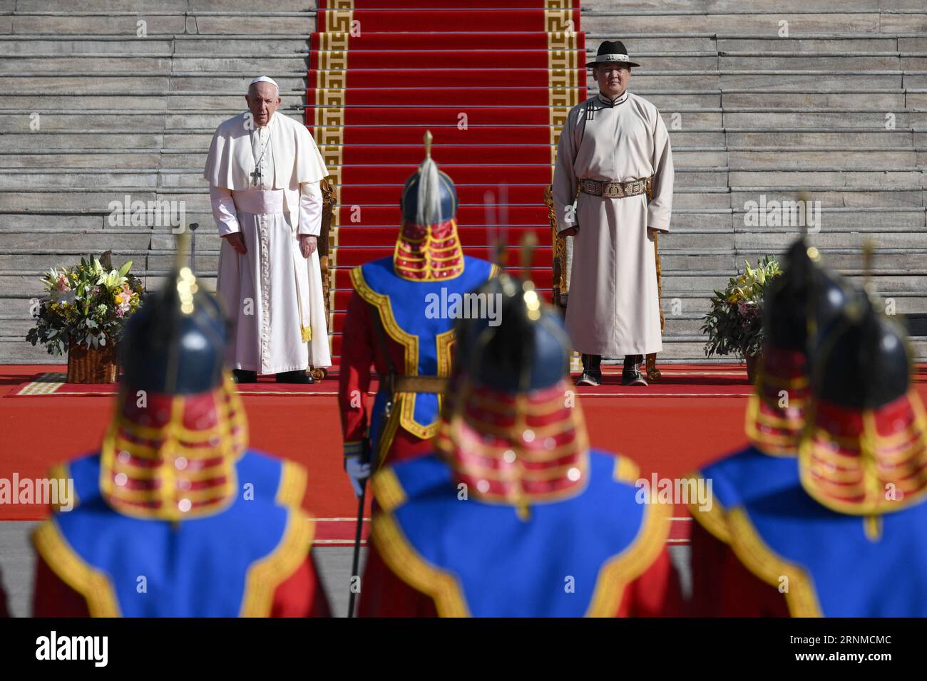 Ulaanbataar, Mongolia. 02nd Sep, 2023. Pope Francis is welcomed by ...