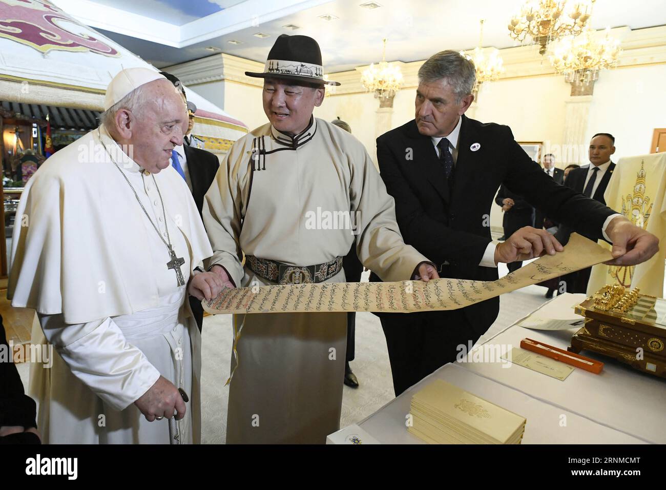 Ulaanbataar, Mongolia. 02nd Sep, 2023. Pope Francis is welcomed by ...