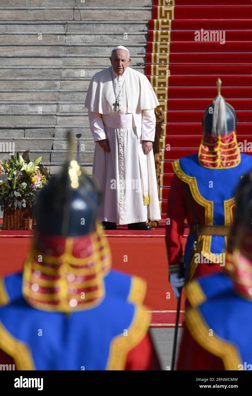 Ulaanbataar, Mongolia. 02nd Sep, 2023. Pope Francis is welcomed by ...