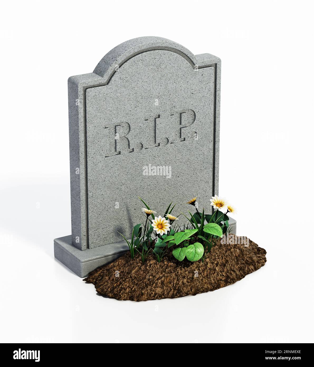 Gravestone with soil and flowers isolated on white background. 3D ...