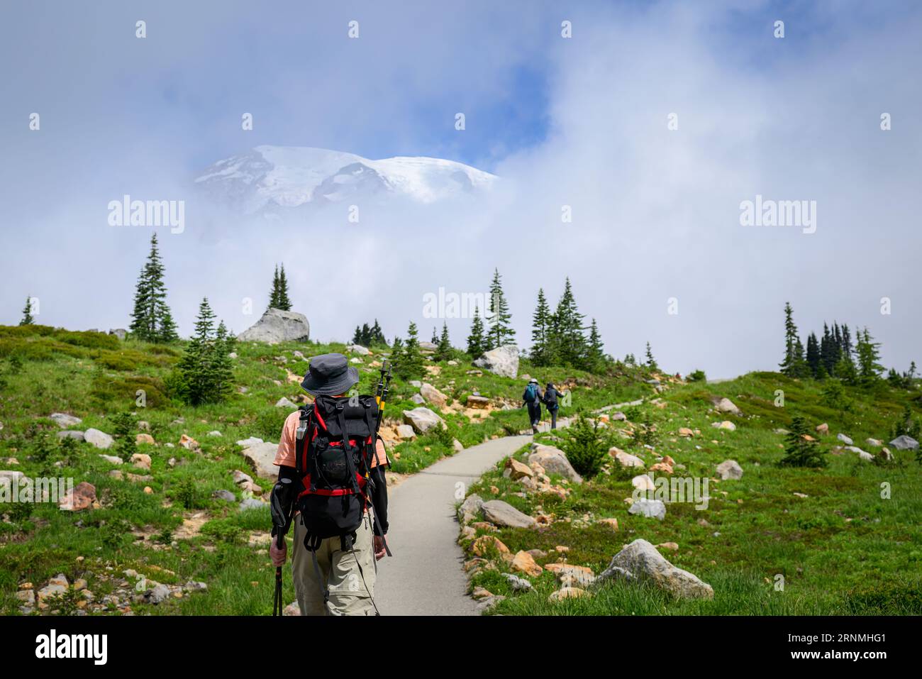 People hiking Skyline Loop Trail in Mount Rainier National Park in ...
