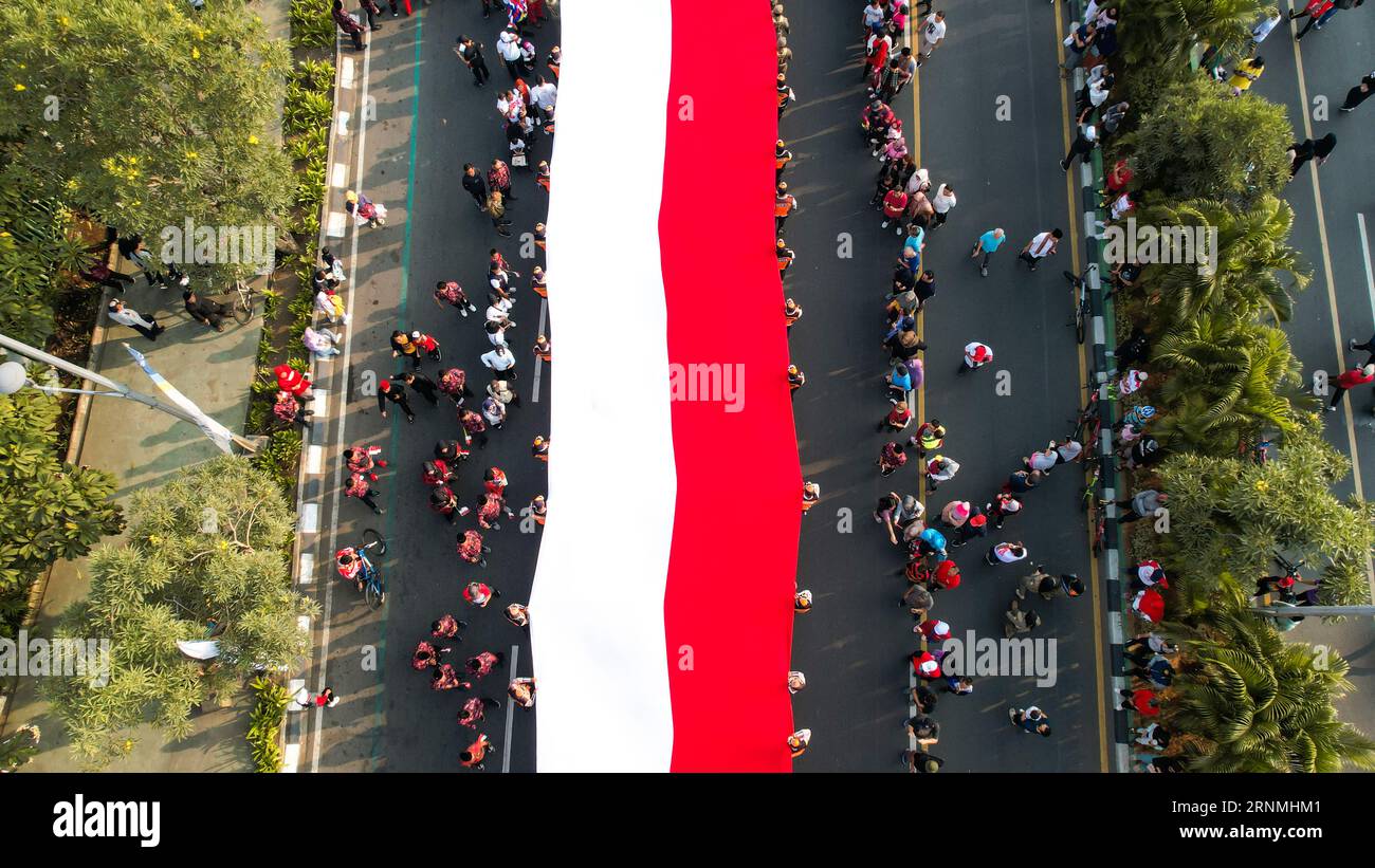 Aerial view of the Indonesian long flag, Merah Putih on Indonesian ...