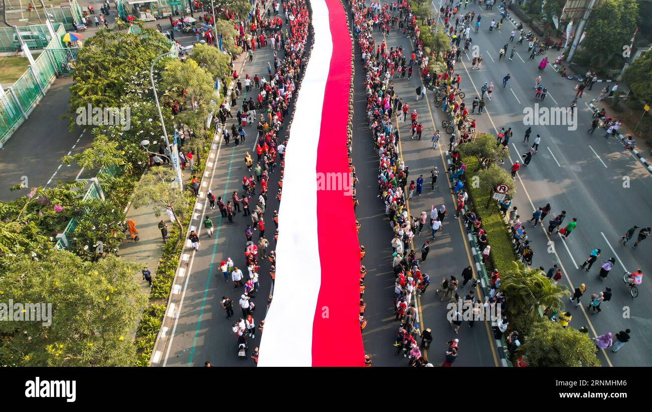 Aerial view of the Indonesian long flag, Merah Putih on Indonesian ...