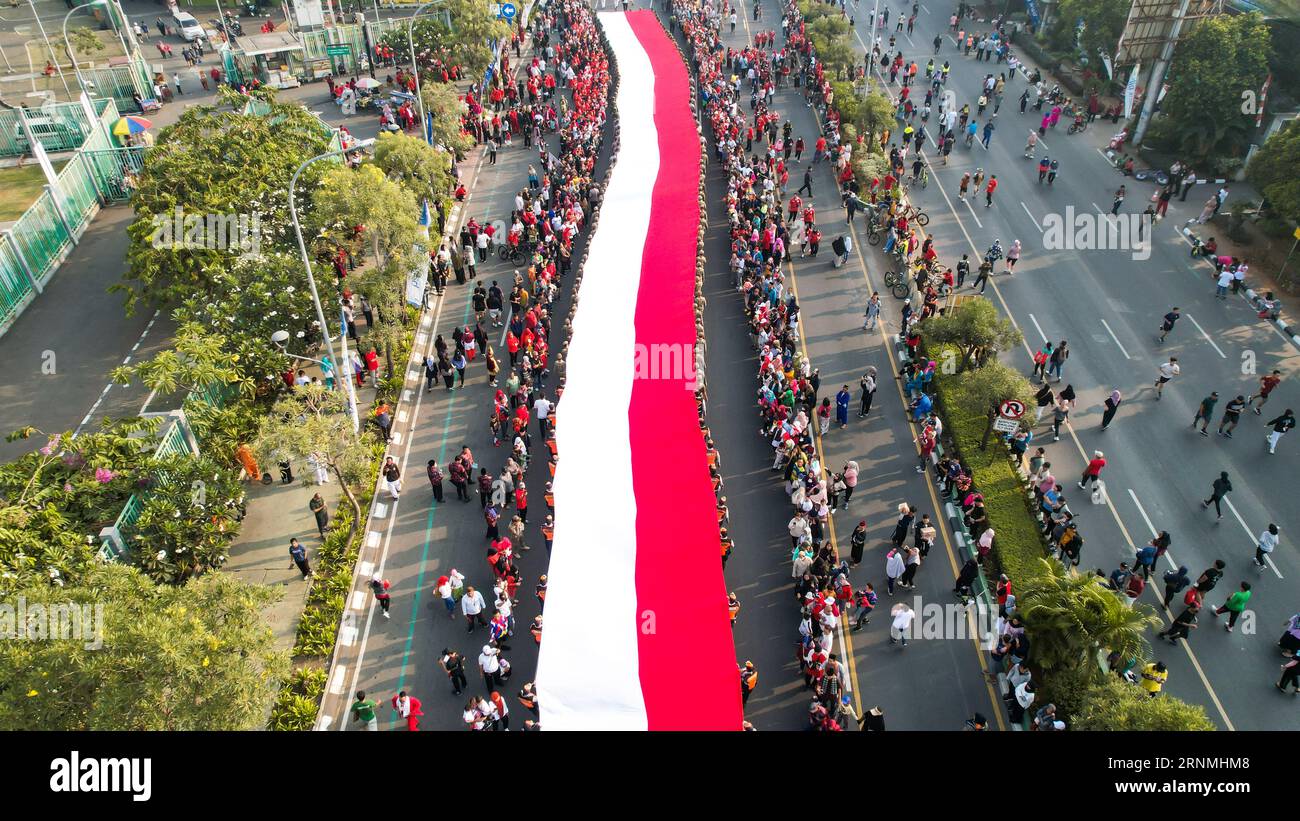 Aerial view of the Indonesian long flag, Merah Putih on Indonesian ...