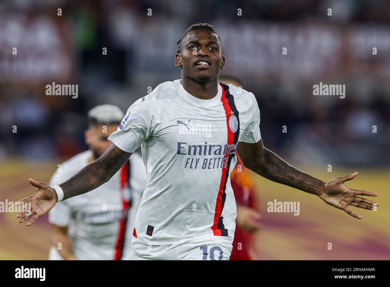 Milan’s Portuguese forward Rafael Leao celebrates after scoring a goal ...