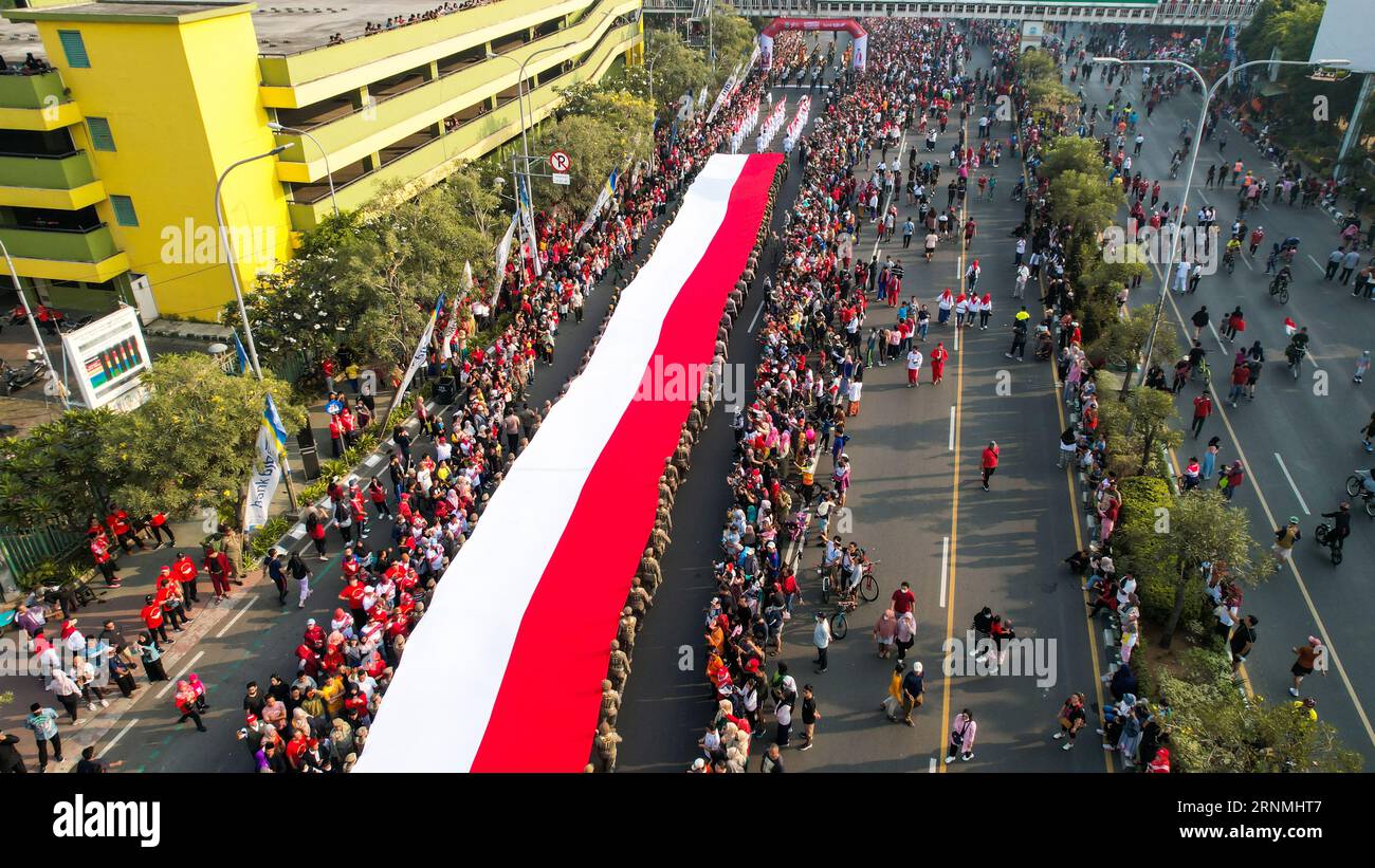 Aerial view of the Indonesian long flag, Merah Putih on Indonesian ...