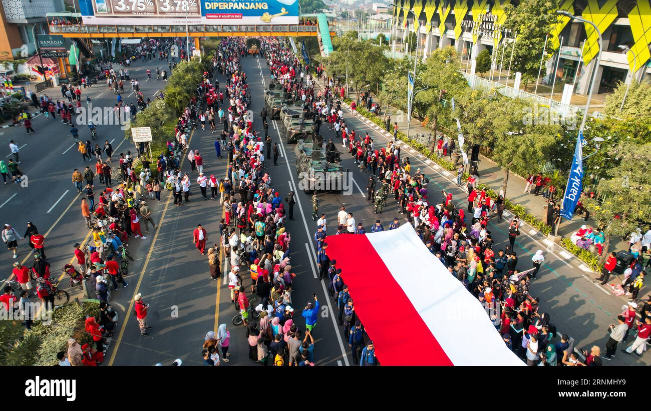 Aerial view of the Indonesian long flag, Merah Putih on Indonesian ...