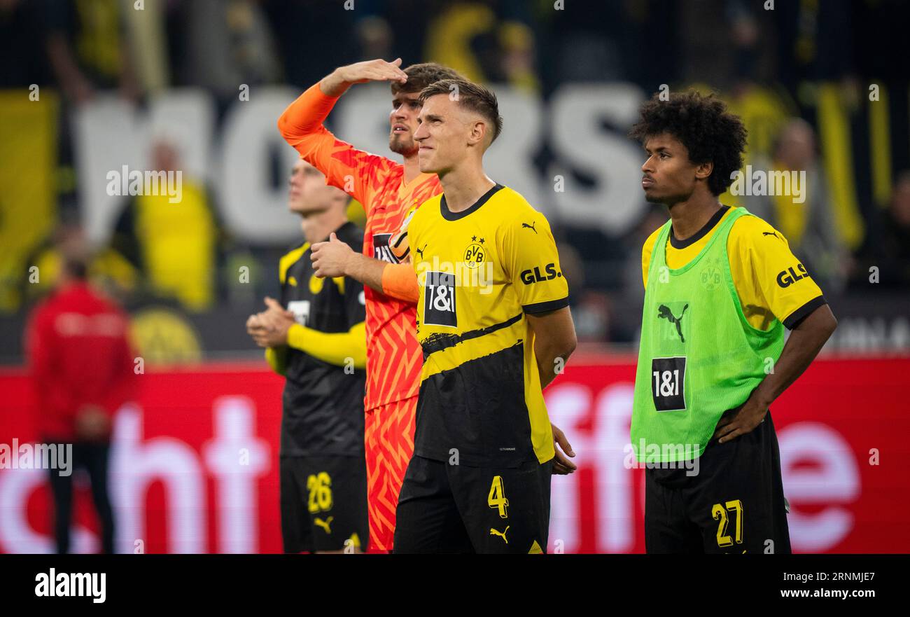 Dortmund, Germany. 01st Sep 2023. Torwart Gregor Kobel (BVB), Nico Schlotterbeck (BVB), Karim ...