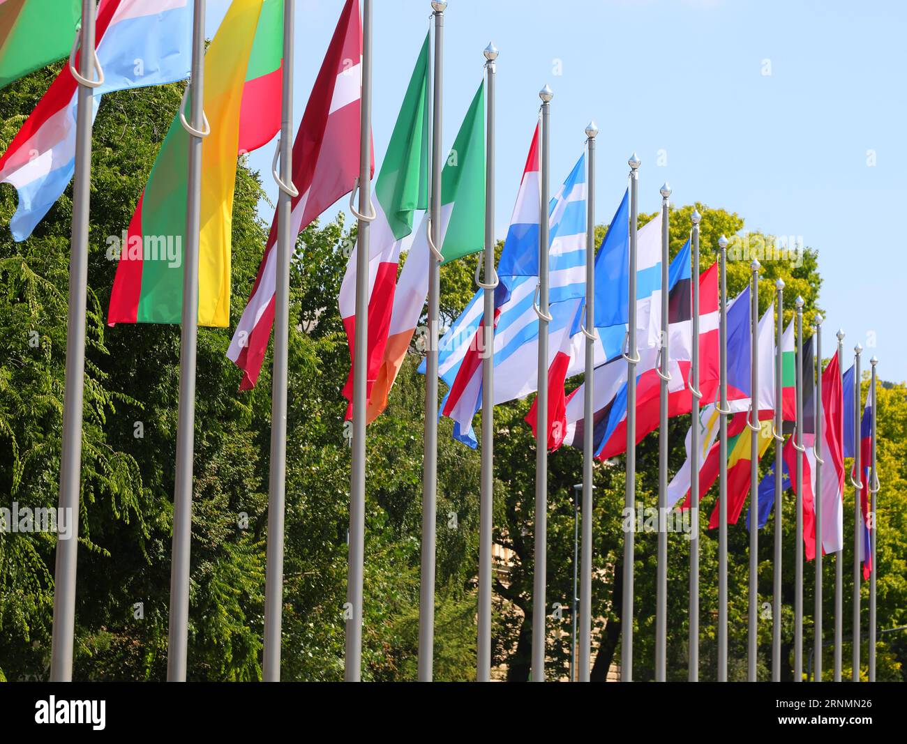 many colorful world state flags in thread during meeting Stock Photo ...