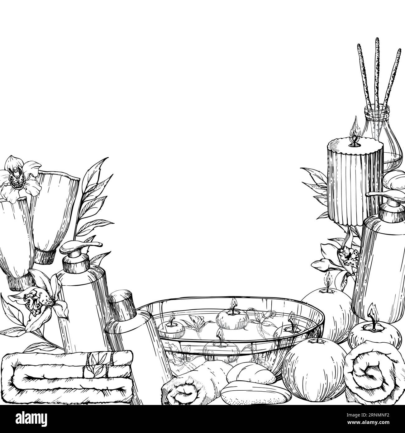 Hand drawn vector ink spa skincare bath beauty products package with ...